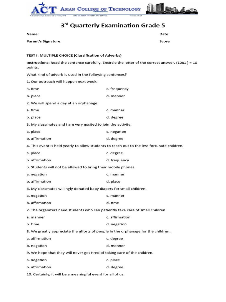 Summative Test in English Grade 5 | PDF | Verb | Subject (Grammar)