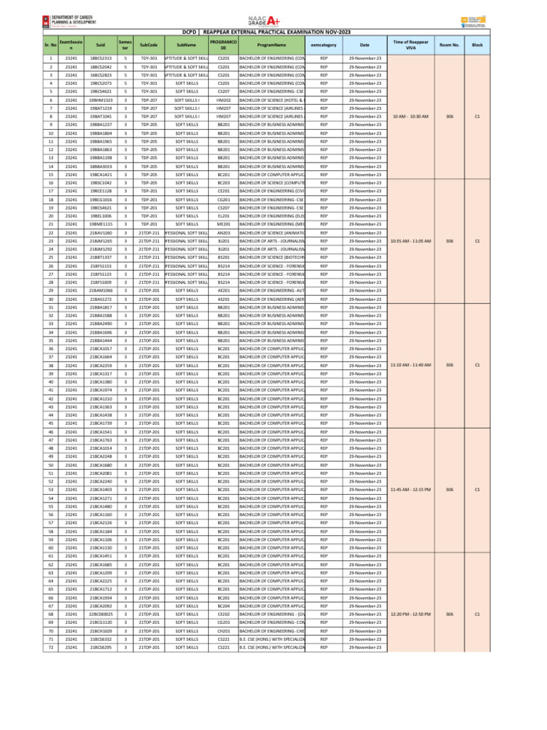 DCPD - SoftSkills Reappear External VIVA Schedule - Nov'23 | PDF | Engineering | Computing