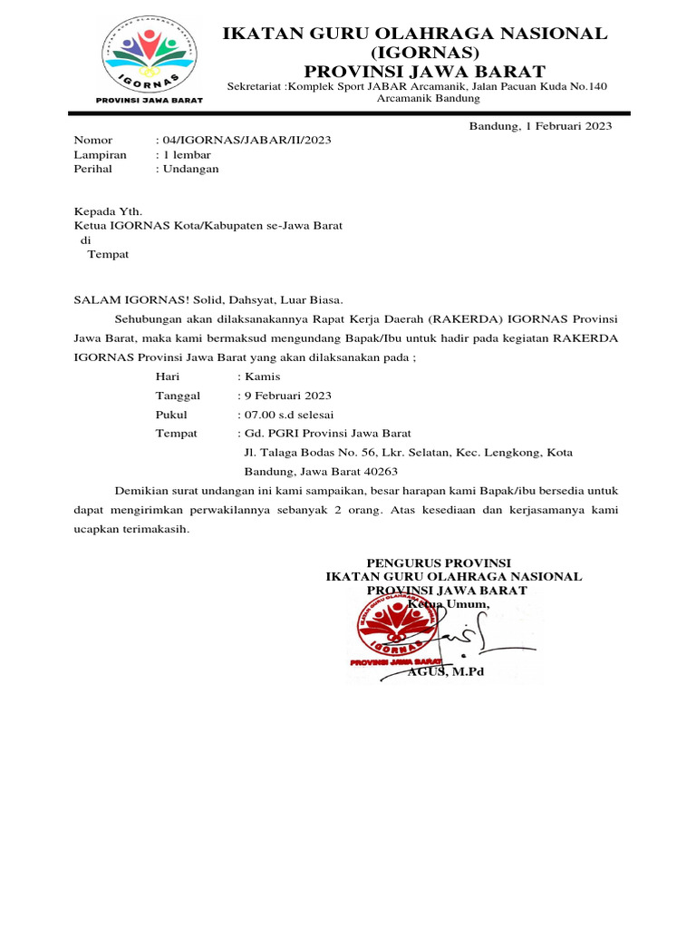 Undangan RAKERDA IGORNAS Jabar 2023 | PDF