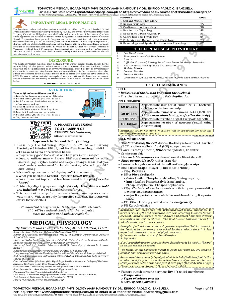 4 - Physiology Main Handout Oct 2023 | PDF | Cell Membrane | Lipid Bilayer