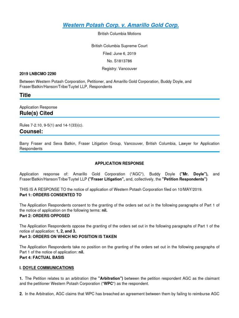 Western Potash vs. Amarillo Gold Case | PDF | Discovery (Law) | Affidavit