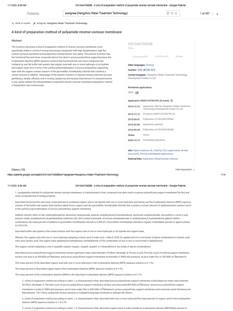 CN104474926B - A Kind of Preparation Method of Polyamide Reverse Osmose Membrane - Google ...