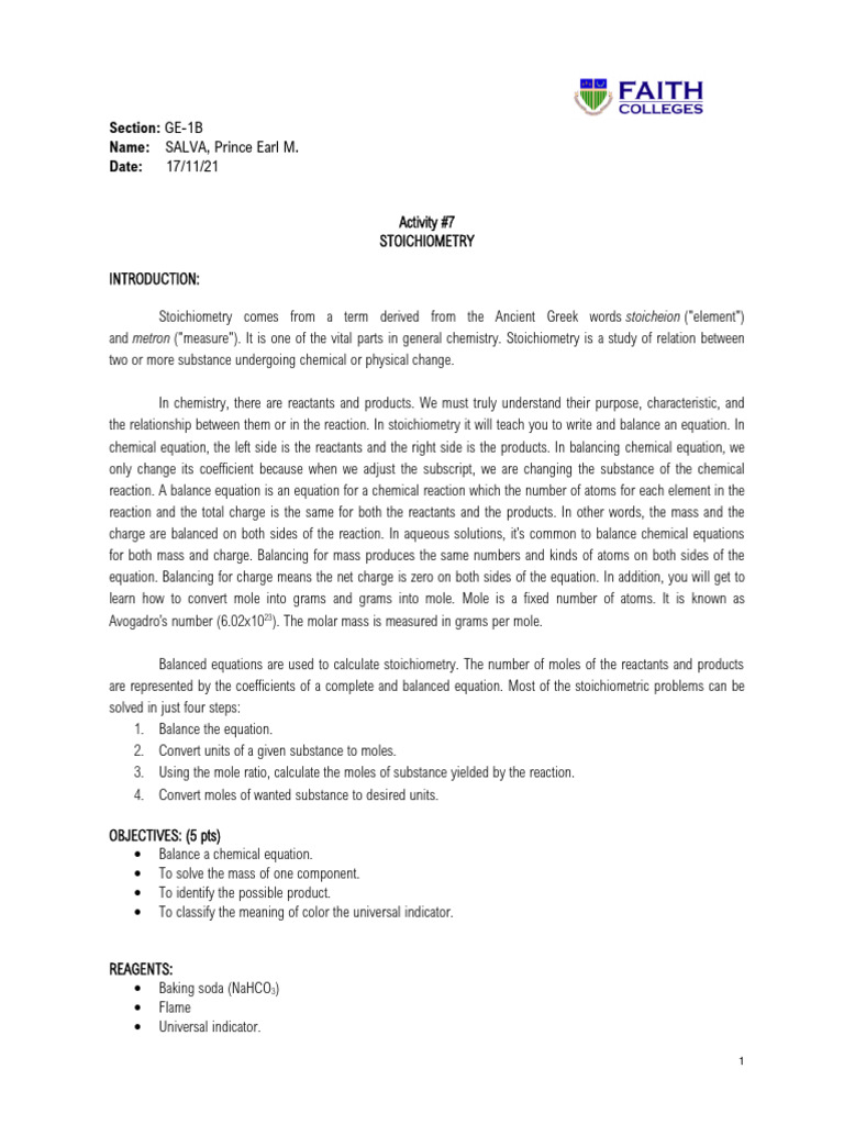 Activity # 7 Stoichiometry | PDF | Stoichiometry | Mole (Unit)