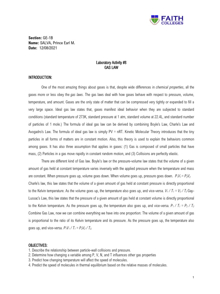 Activity # 8 Gas Law | PDF | Gases | Temperature