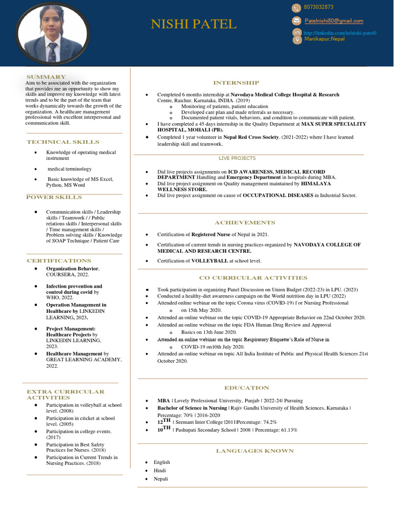 Nishi Patel Resume With Intership - 231117 - 202602 | PDF | Hospital | Health Care