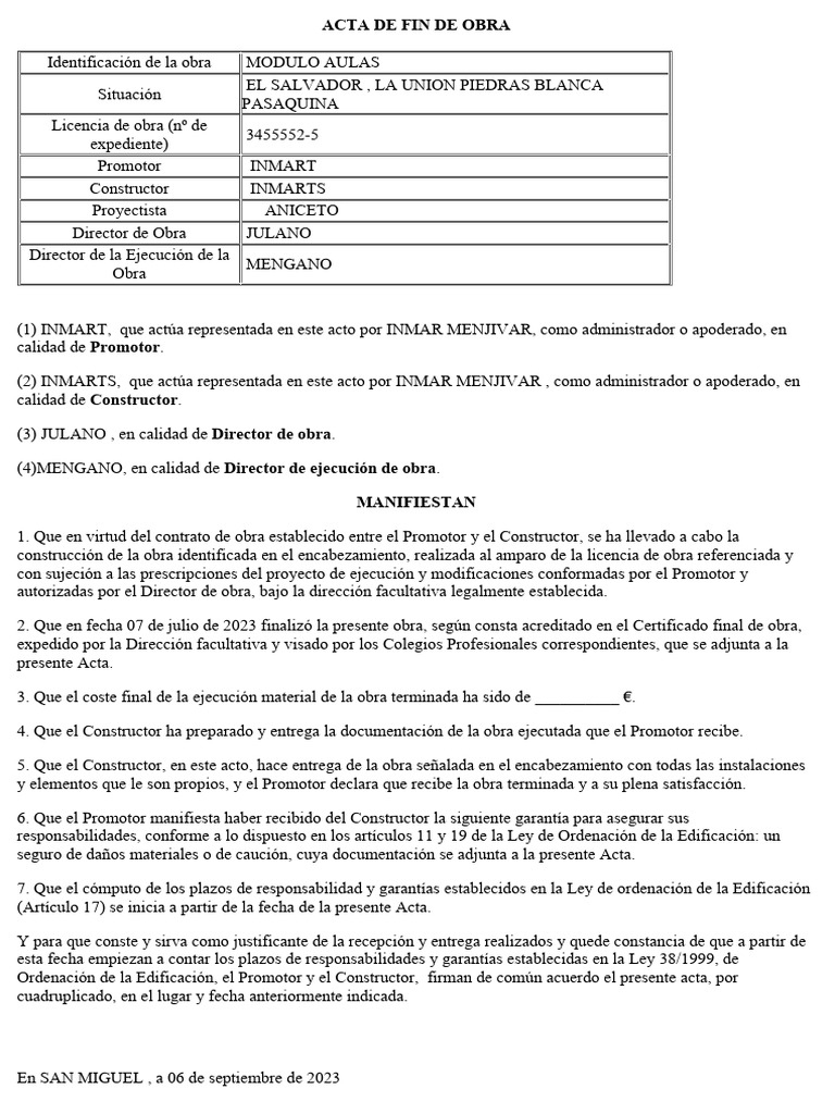 Acta de Finalización de Obra | PDF | Hogar, jardinería y bricolaje
