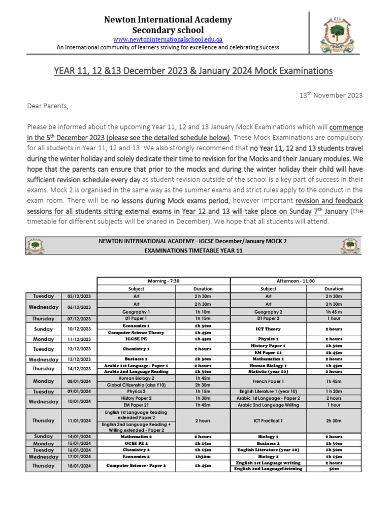 Year 11-13 Mock Exam Schedule 2023-2024 | PDF | Science