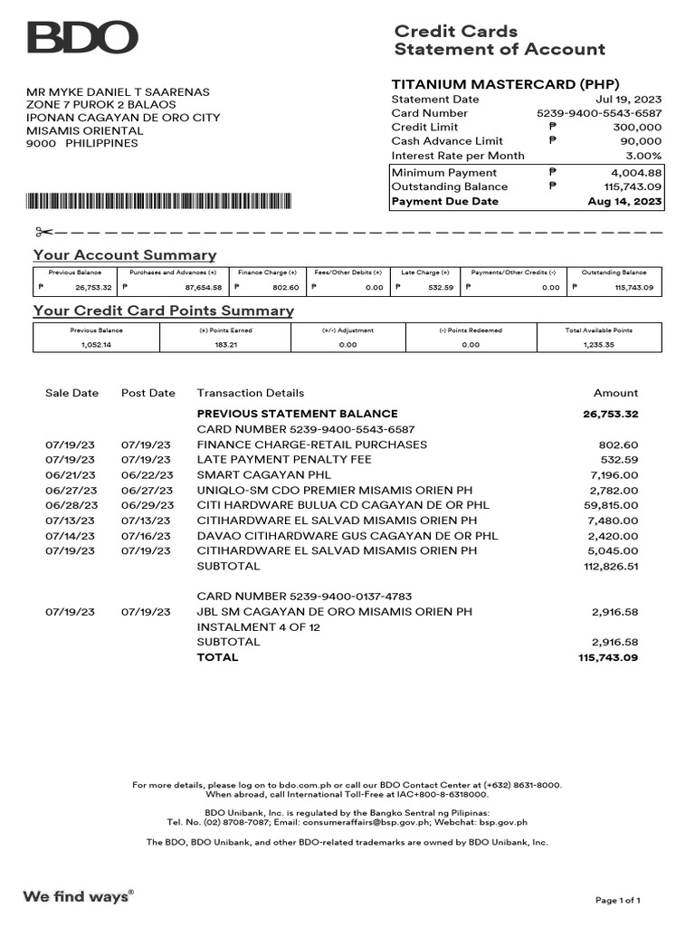 BDO Titanium Mastercard Statement Summary | PDF | Credit Card | Cheque