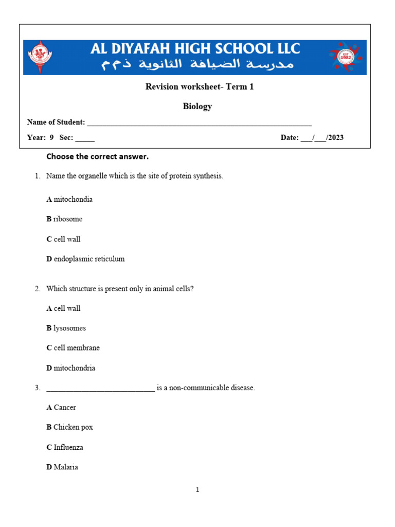 Biology Term 1 Revision WS Yr 9 | PDF | Mitochondrion | Cell Biology