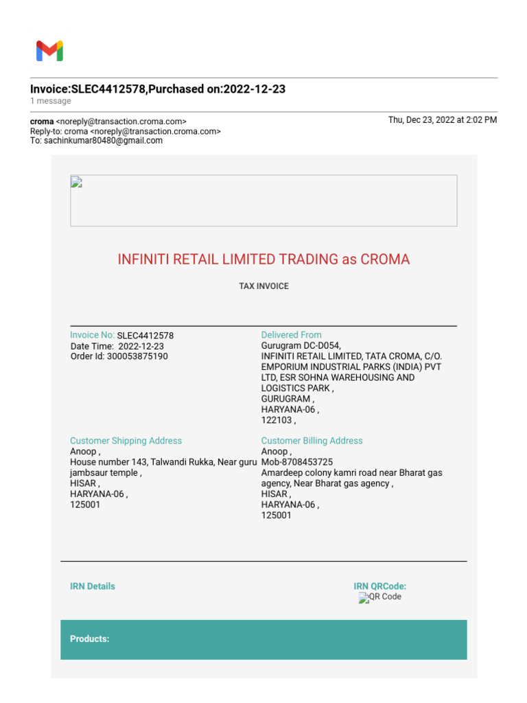 Croma Invoice for Anoop | PDF | Invoice | Government Finances