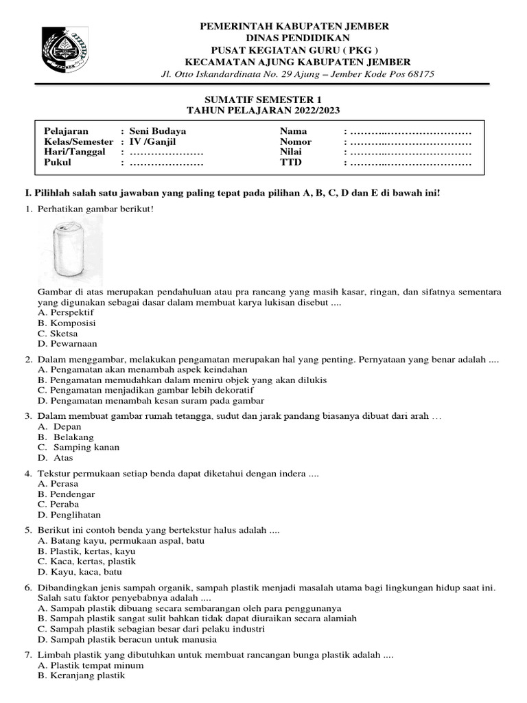 Soal Sas Seni Budaya Kelas 4 TH 2022-2023 SMT 1 | PDF | Seni