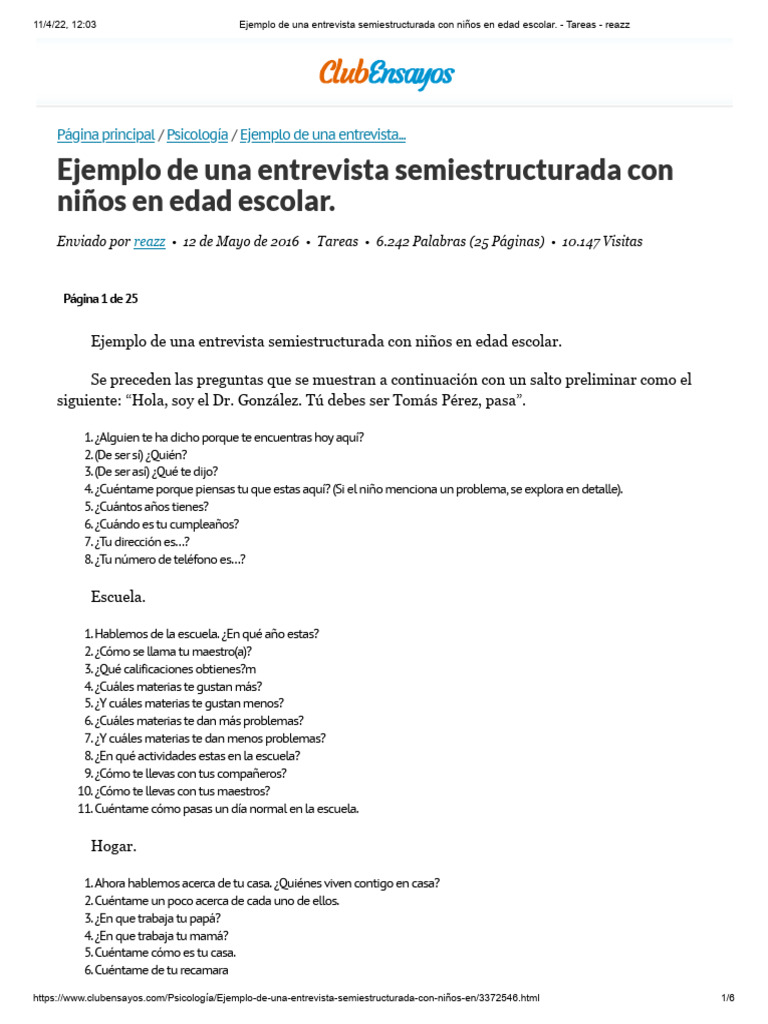 Ejemplo de Una Entrevista Semiestructurada Con Niños en Edad Escolar. | PDF | Relaciones ...