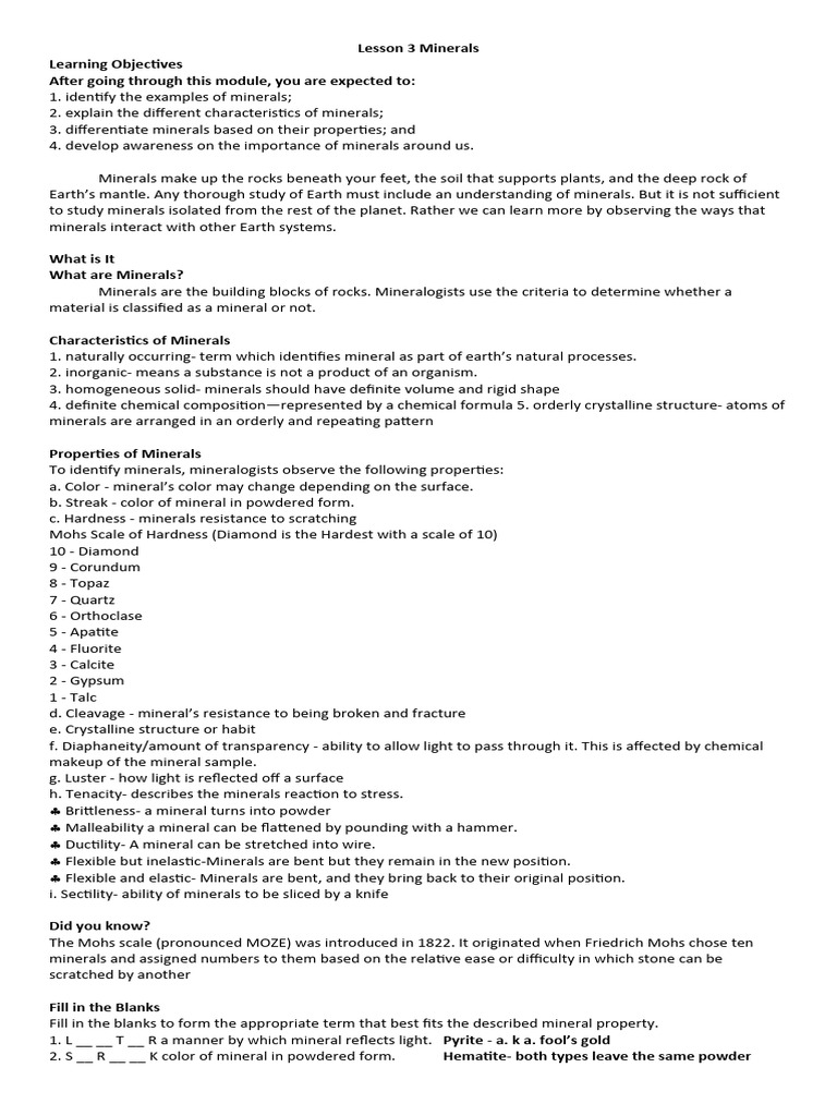 Lesson 3 Minerals | PDF | Minerals | Crystal