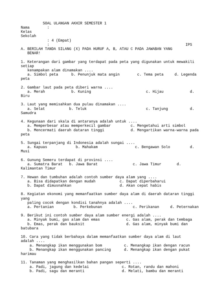 Soal UAS IPS Kelas 4 SD Semester 1 Ganjil Dan Kunci Jawaban WWW Bimbelbrilian Com | PDF