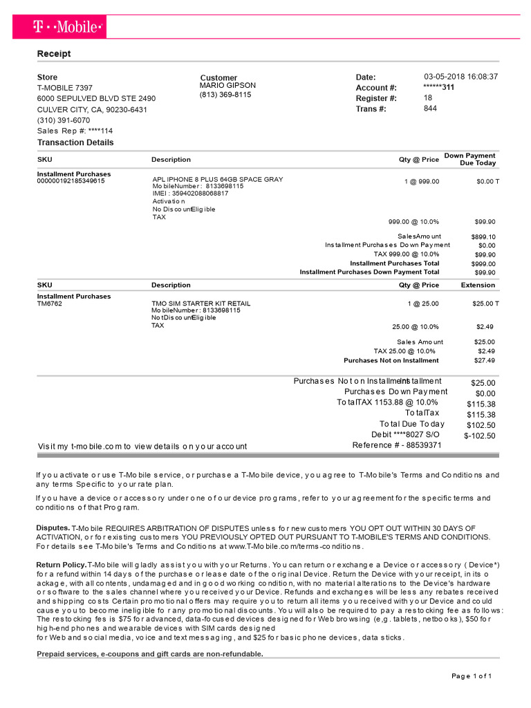 T Mobile Iphone 8 Plus | PDF | T Mobile Us | Receipt