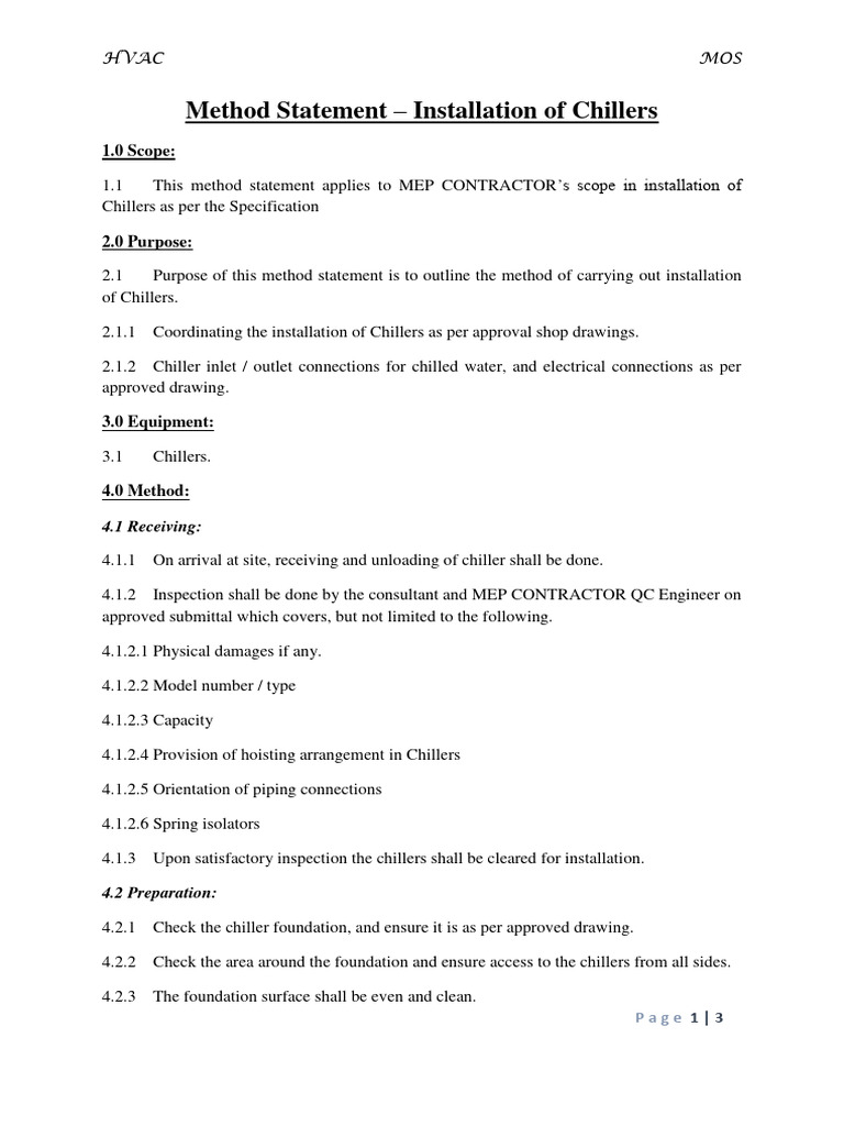 Method Statement For Installation of Chillers | PDF | Engineering