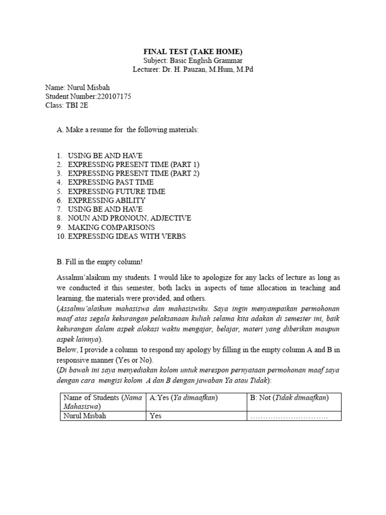 Final Test Beg Nurul Misbah | PDF | Adjective | Verb