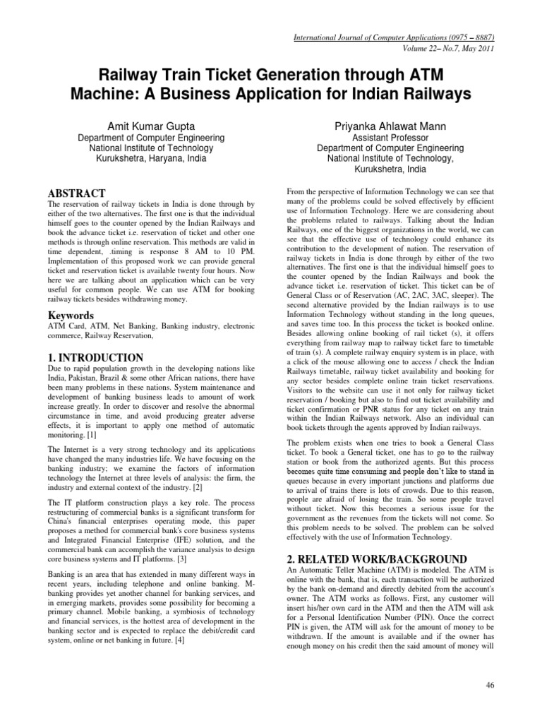 Railway Train Ticket Generation Through ATM Machine: A Business ...