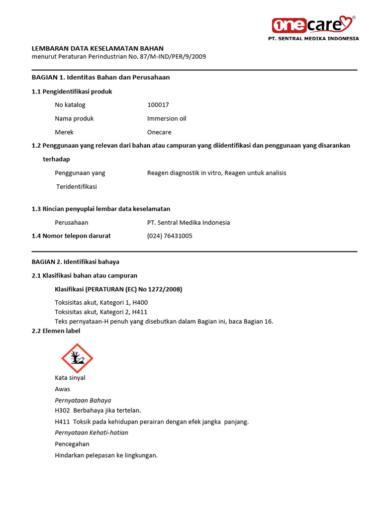 MSDS Onecare Immersion Oil | PDF