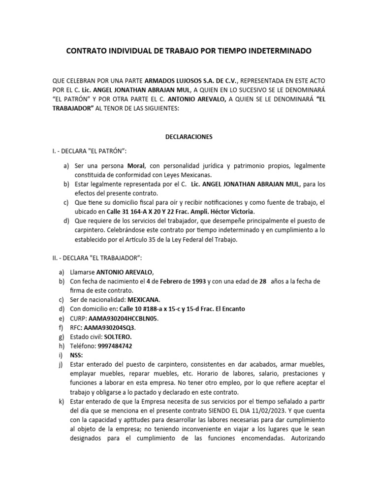 Contrato Individual de Trabajo Por Tiempo Indeterminado | PDF | Salario | Derecho laboral