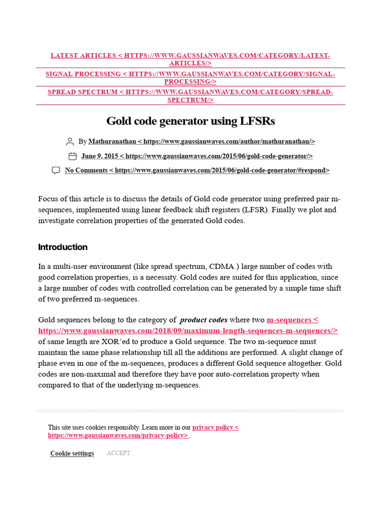 Gold Code Generator Using LFSRs - GaussianWaves | PDF | Algorithms ...