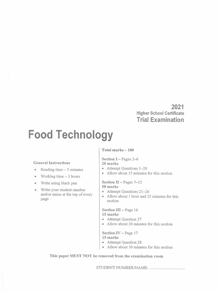 2021 Food Technology HSC Trial Examination | PDF
