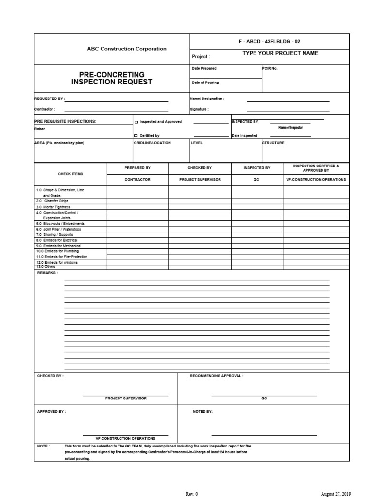 Pre-Concreting Inspection Request Form | PDF