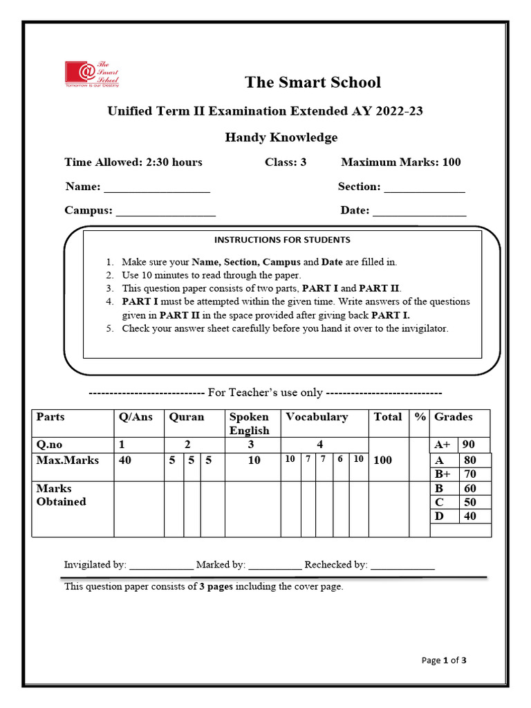 Class 3 Final Paper 23 Handy Knowledge 123 | PDF | Teaching Methods & Materials