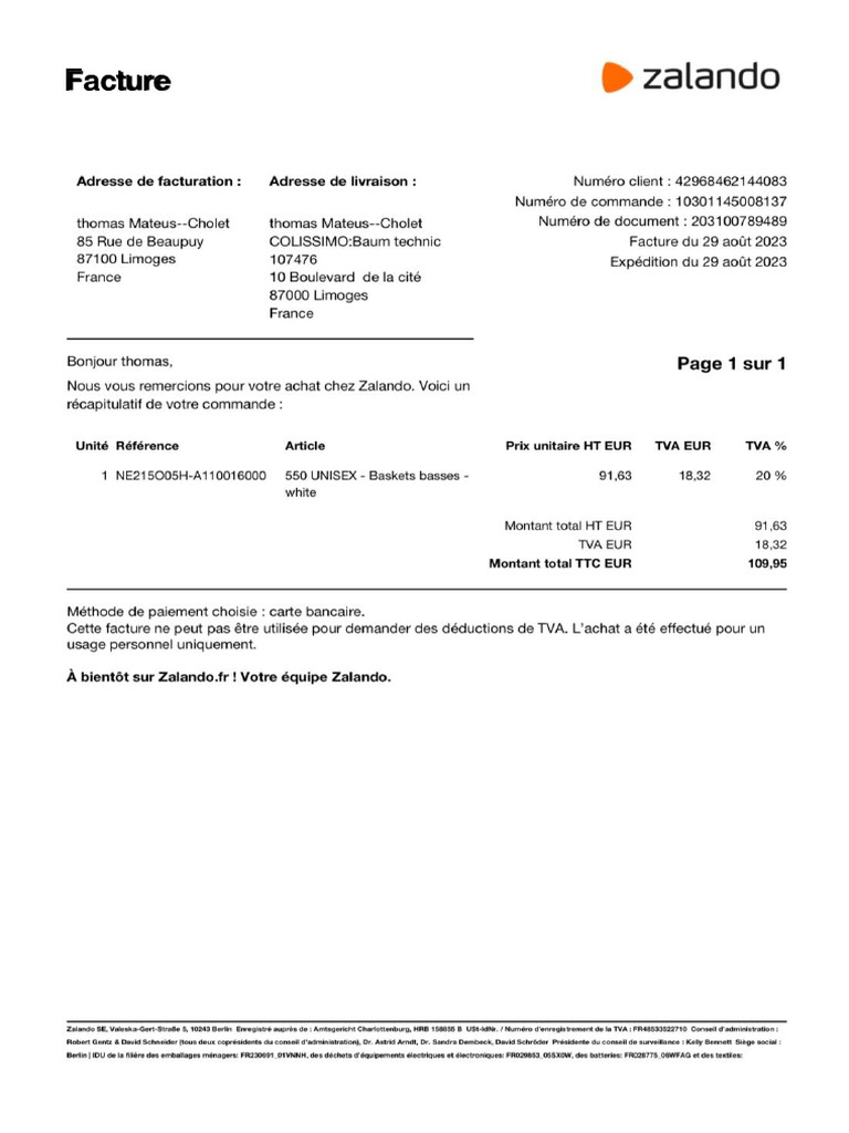 facture zalando Vinted | PDF