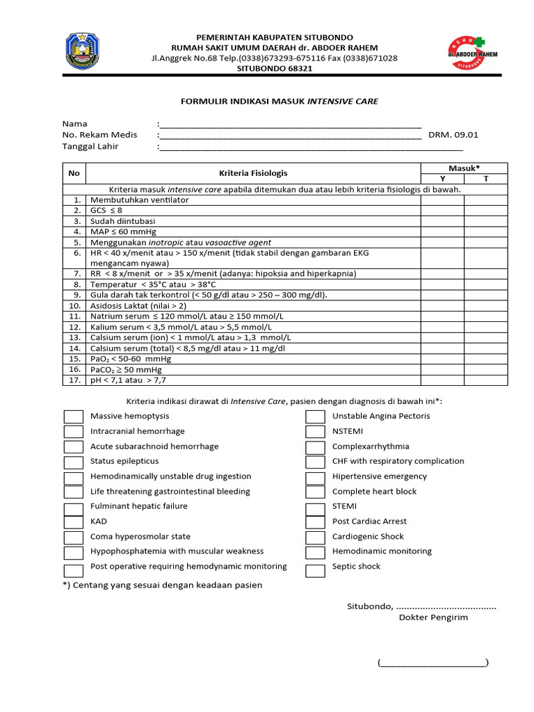 Form Kriteria Masuk Intensive Care | PDF