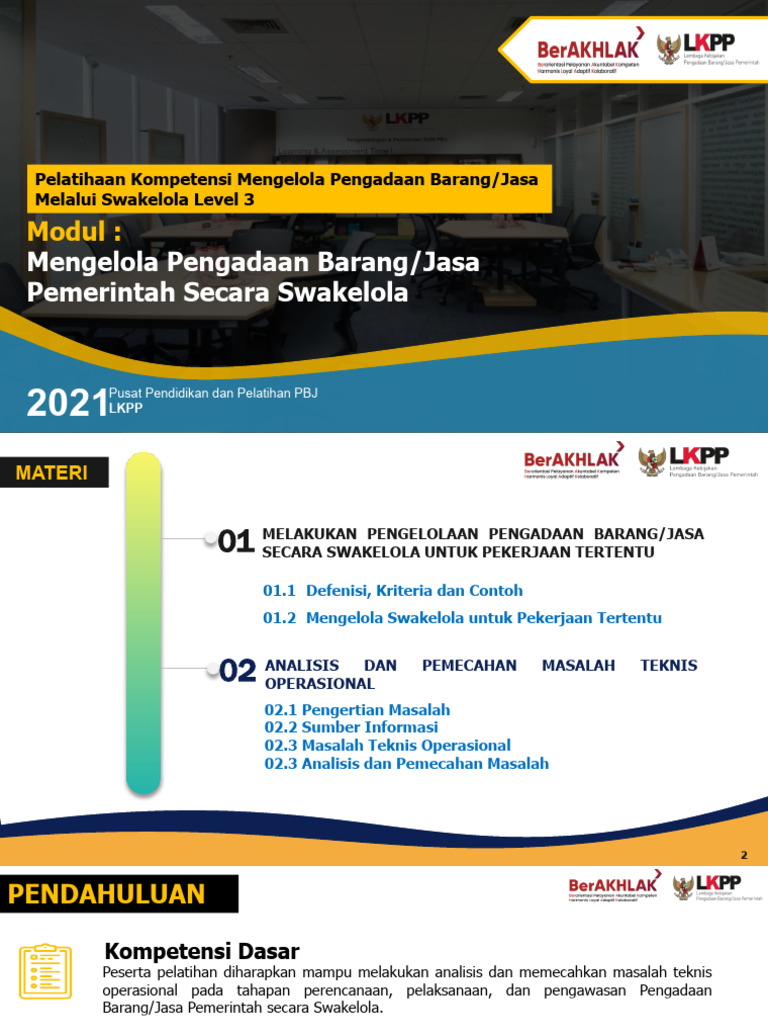 Slide Bahan Ajar - JK Mengelola PBJP Secara Swakelola Level 3 - Rev 11 April 2022 | PDF