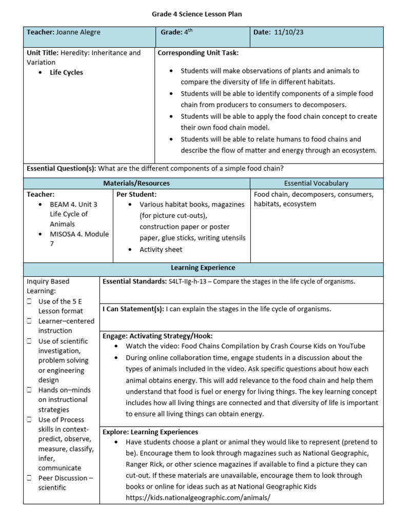 5E and 4A Lesson Plan (Biology) | PDF | Learning | Foods