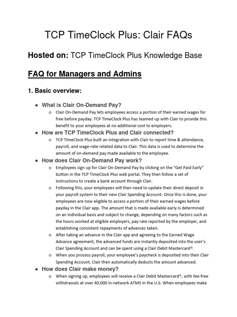 Clair FAQs For TimeClock Plus | PDF | Paycheck | Debit Card