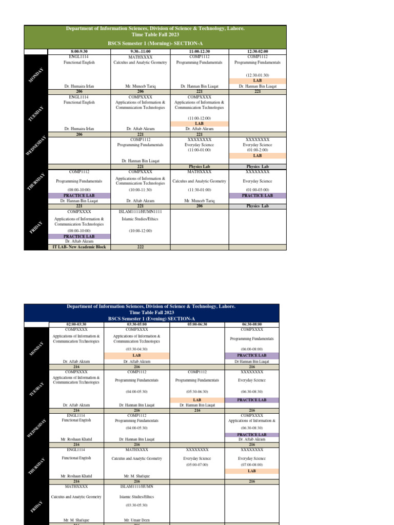 BSCS Fall 2023 Timetable | PDF | Computing