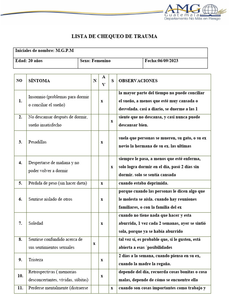 Lista de Chequeo de Trauma (M.P) | PDF | Dormir | Pesadilla