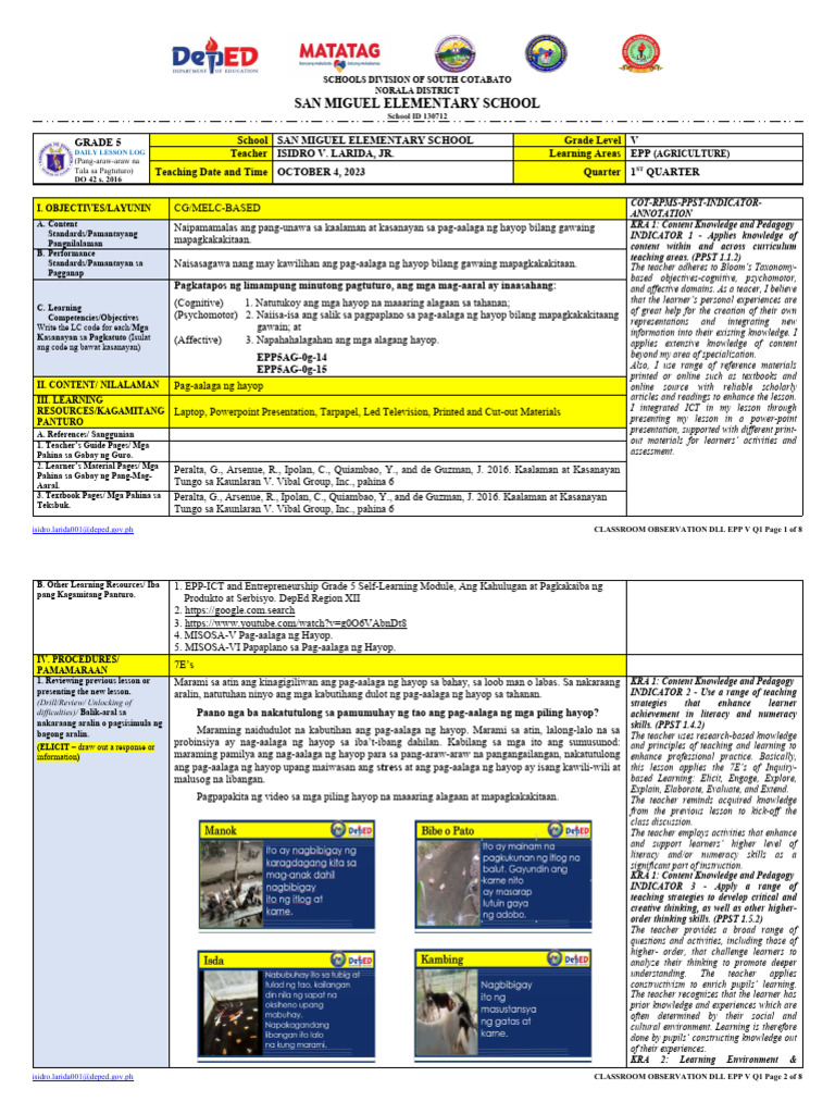 Epp5 Agri Plano Pag Aalaga Hayop | PDF | Teachers | Learning
