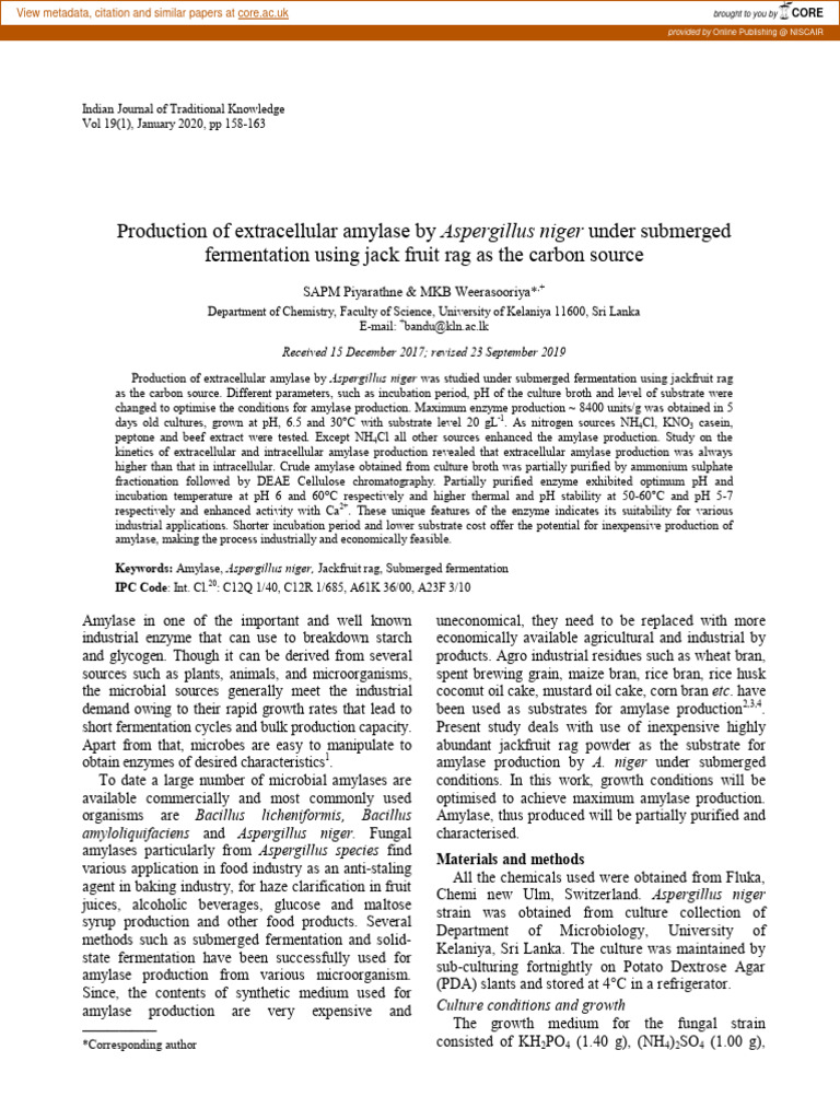 Production of Extracellular Amylase by Aspergillus Niger Under Submerged Fermentation Using Jack ...