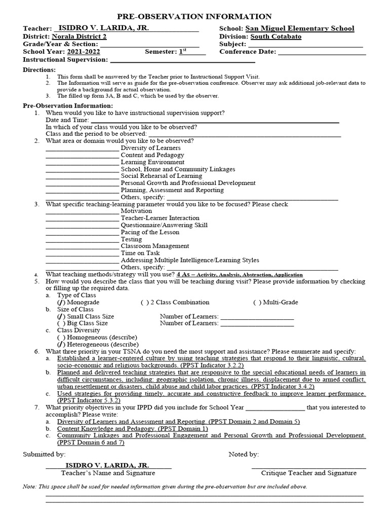 PRE-POST OBSERVATION INFORMATION-4As-COT 1 | PDF | Learning | Teachers
