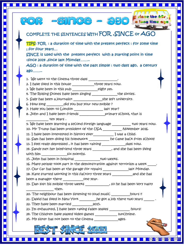 "Using For, Since, Ago: Sentence Completion Exercise" | PDF
