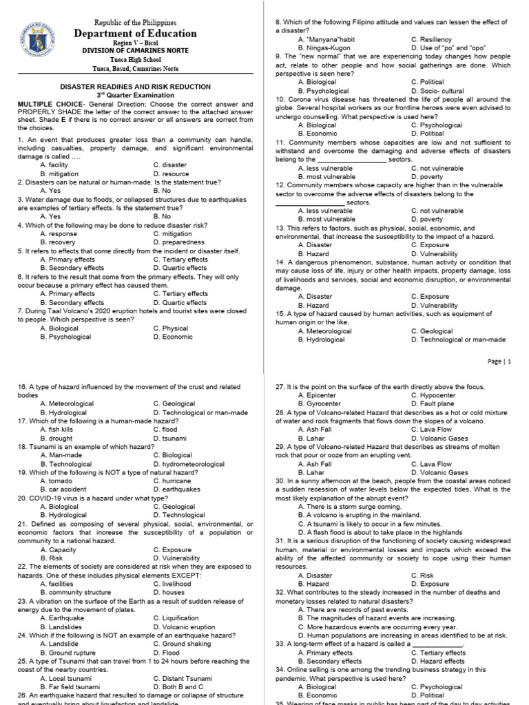 Disaster Readiness Exam for Students | PDF | Hazards | Volcano