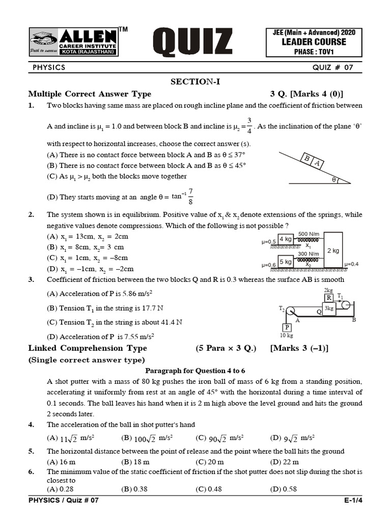 JEE Physics Quiz #07: Mechanics & Friction | PDF | Force | Friction