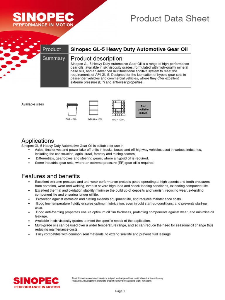 17 Sinopec GL 5 Heavy Duty Automotive Gear Oil | PDF | Secondary Sector Of The Economy | Applied ...