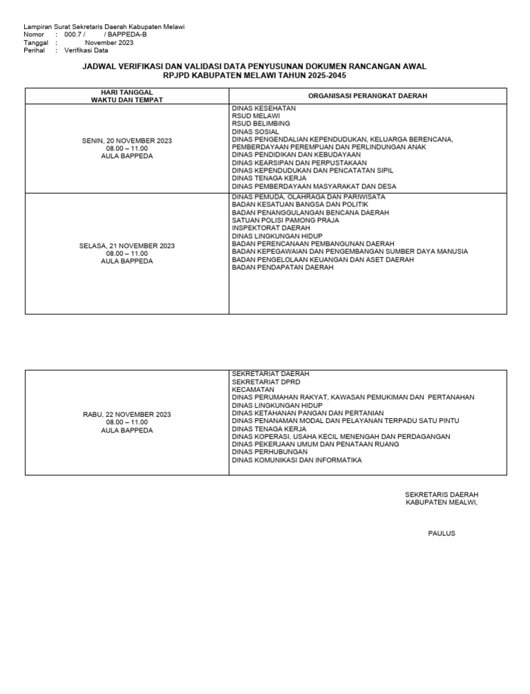 Jadwal Verifikasi Dan Validasi Data Penyusunan Dok RPJPD Kab Melawi Tahun 2025-2045 | PDF