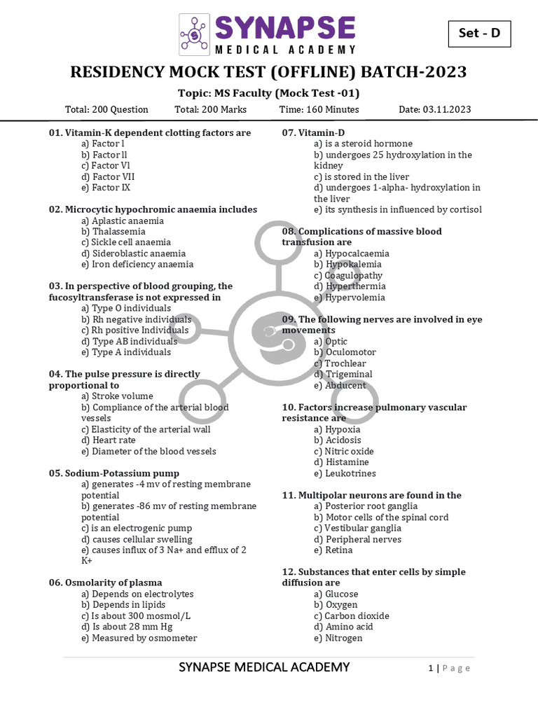 MS Faculty Mock Test 1 Question Paper | PDF | Lipoprotein | Esophagus