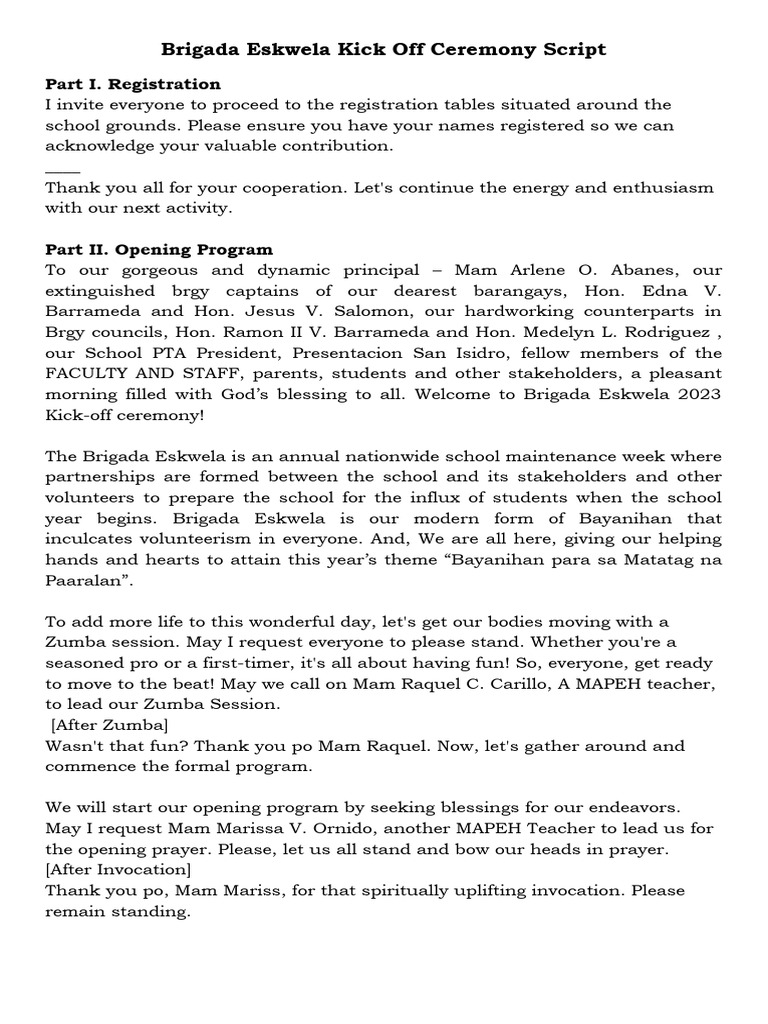 Brigada Eskwela Kick Off Ceremony Script | PDF