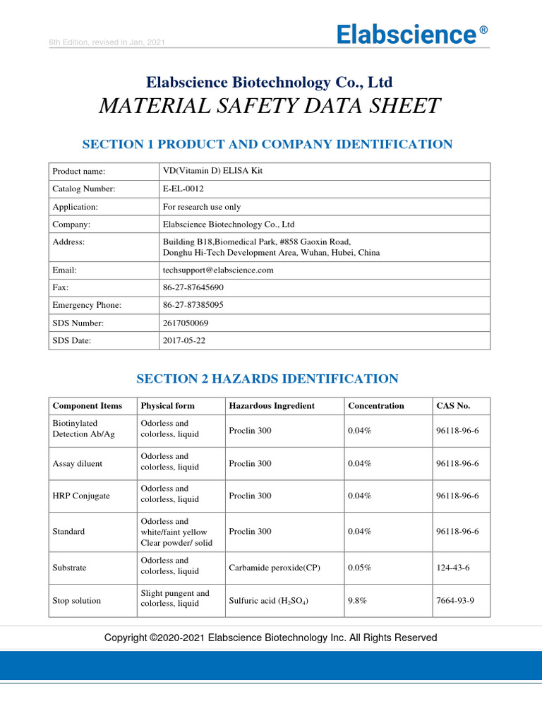 E EL 0012 Elabscience MSDS | PDF | Personal Protective Equipment ...