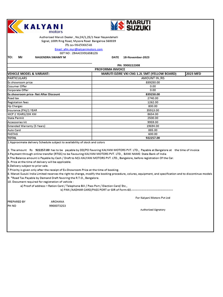 Dzire Vxi CNG Yb Proforma Invoice Nagendra Swamy M | PDF | Invoice | Vehicles