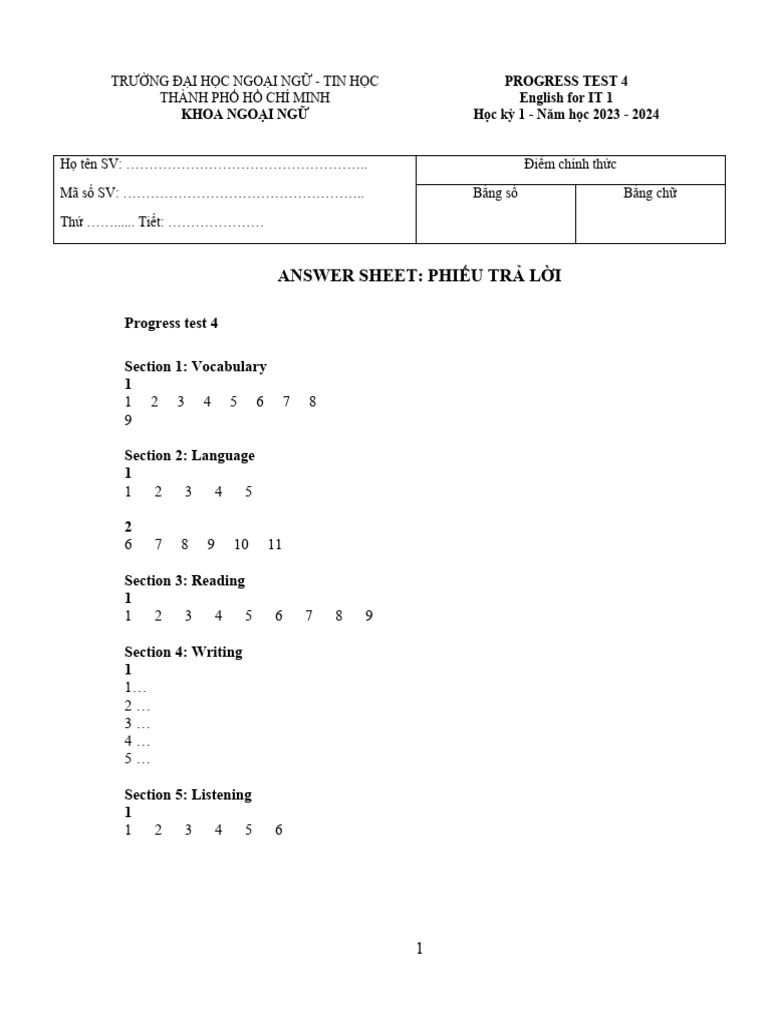 Answer Sheet Progress Test 4 (IT 1) | PDF