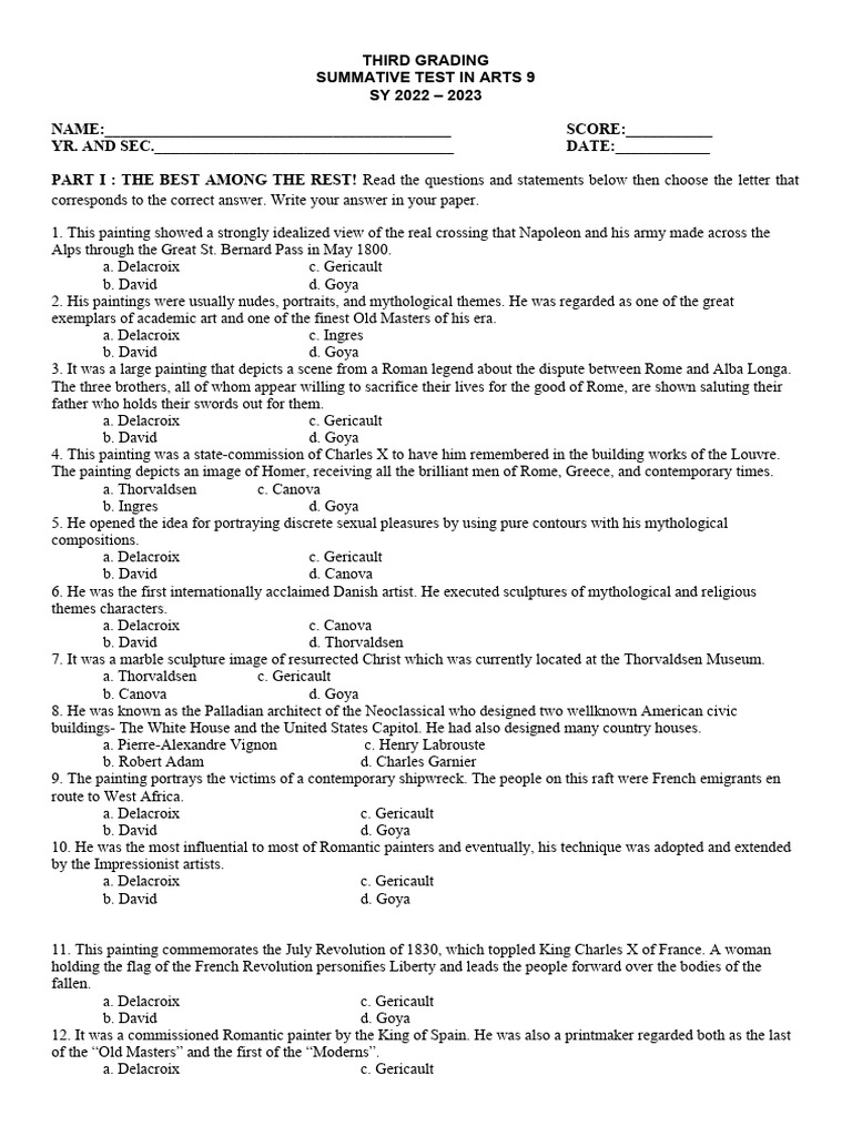 Summative Test in Arts - Third Grading | PDF | Francisco Goya