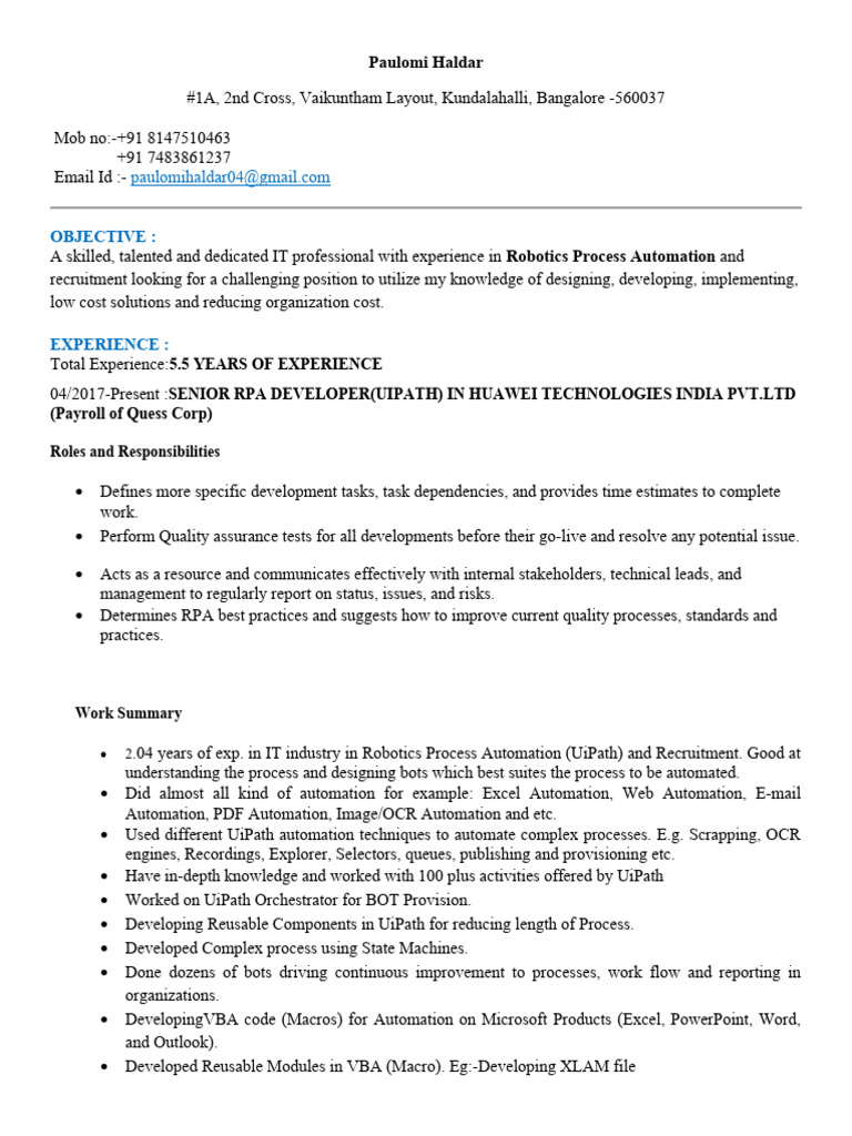 Paulomi Haldar - RPA UI Path Developer | PDF | Automation | Microsoft Excel